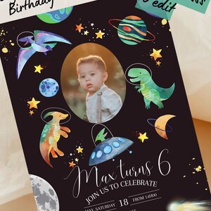 Space Dinosaur Birthday Invitation, Editable Dino Party Invite (digital ...