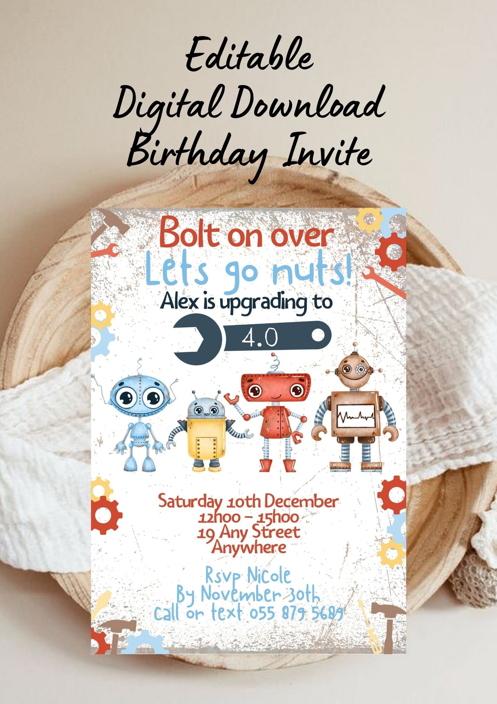Robot Birthday Invitation, Editable Party Invite, Robot Invitation ...