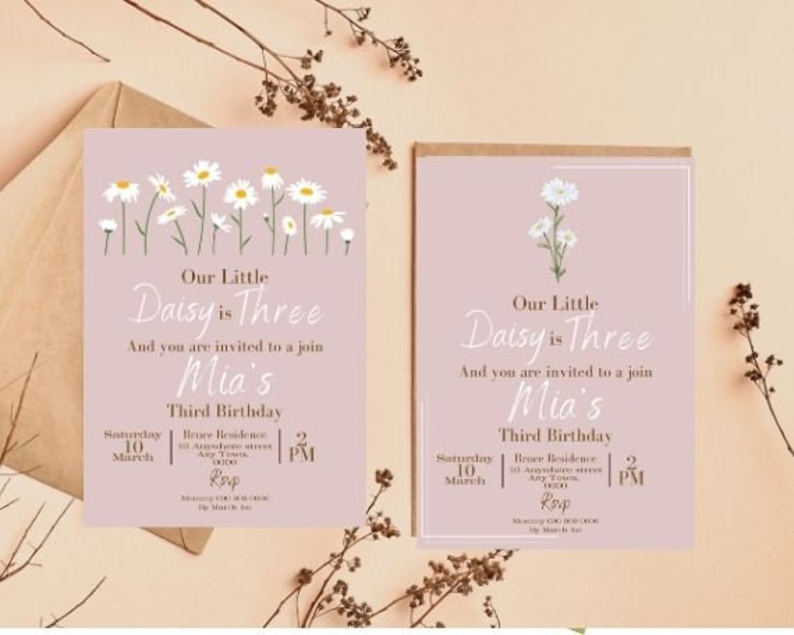 Pink Daisy Birthday Party Invitation, Coquette Editable Wildflower ...