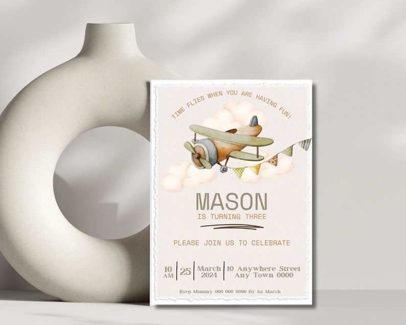 Time Flies Birthday Party Invitation, Editable Vintage Plane Neutral ...