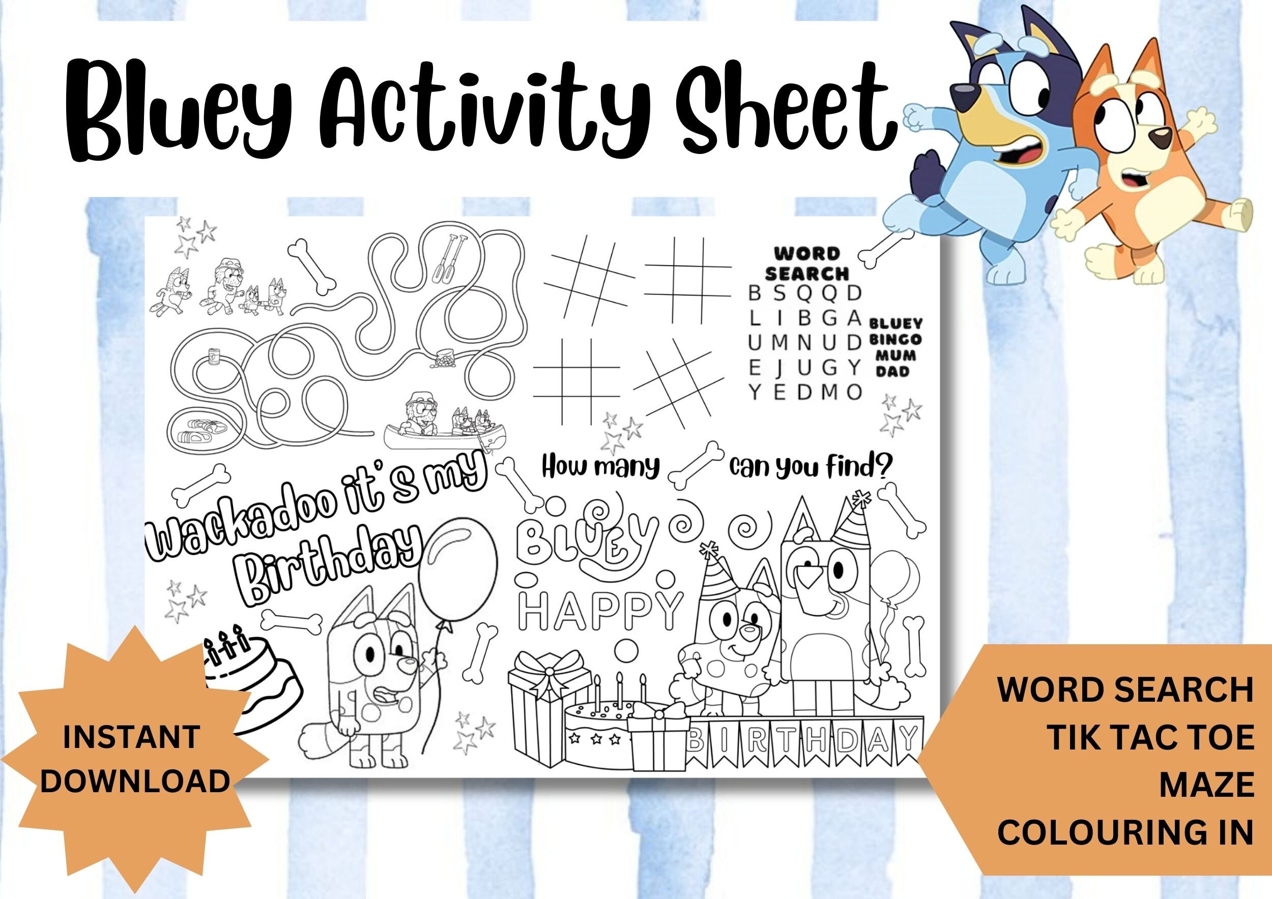 Bluey and Bingo Themed Activity Sheet, Heeler Family Party Printable ...
