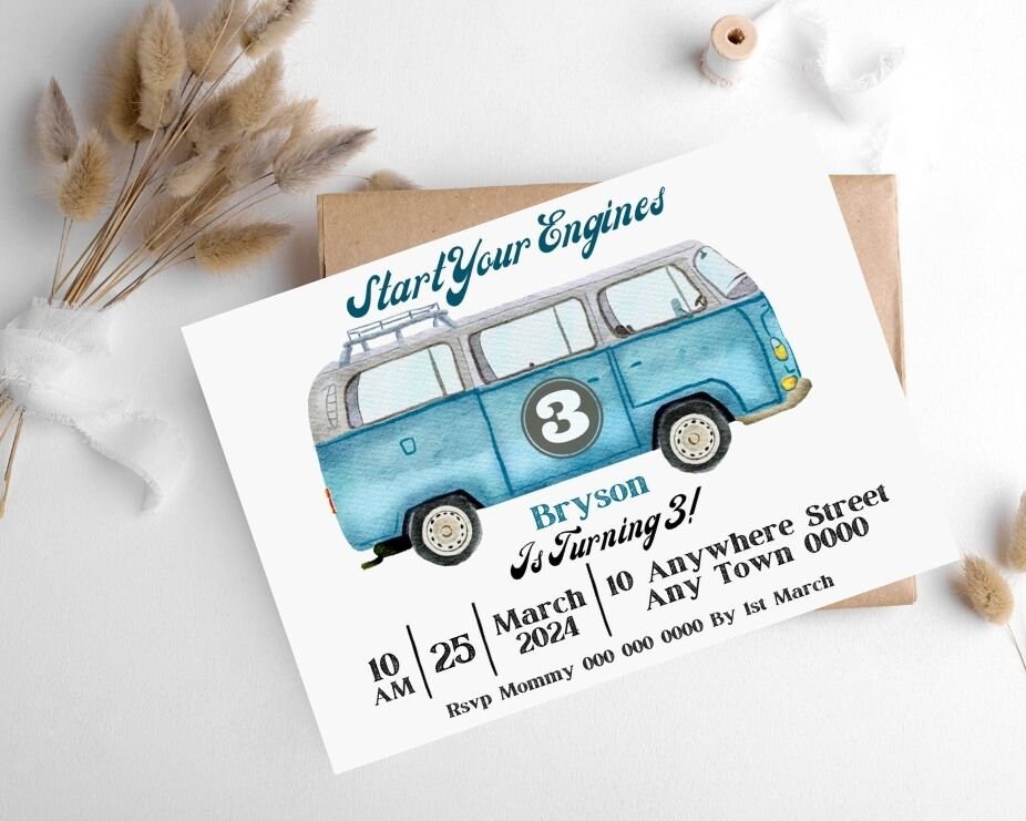 Blue VW Mini Van Birthday Party Invitation, Editable Car Boys Invite ...