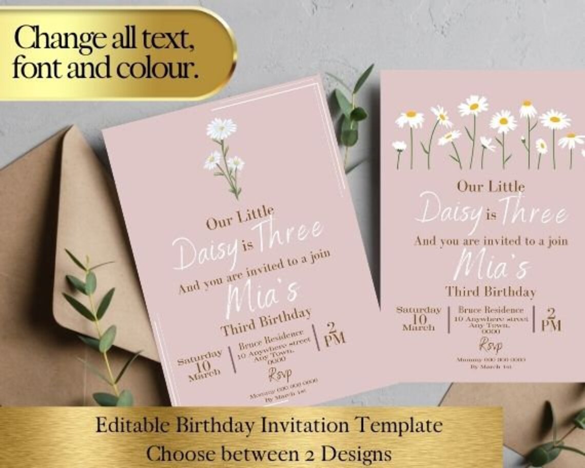 Pink Daisy Birthday Party Invitation, Coquette Editable Wildflower ...