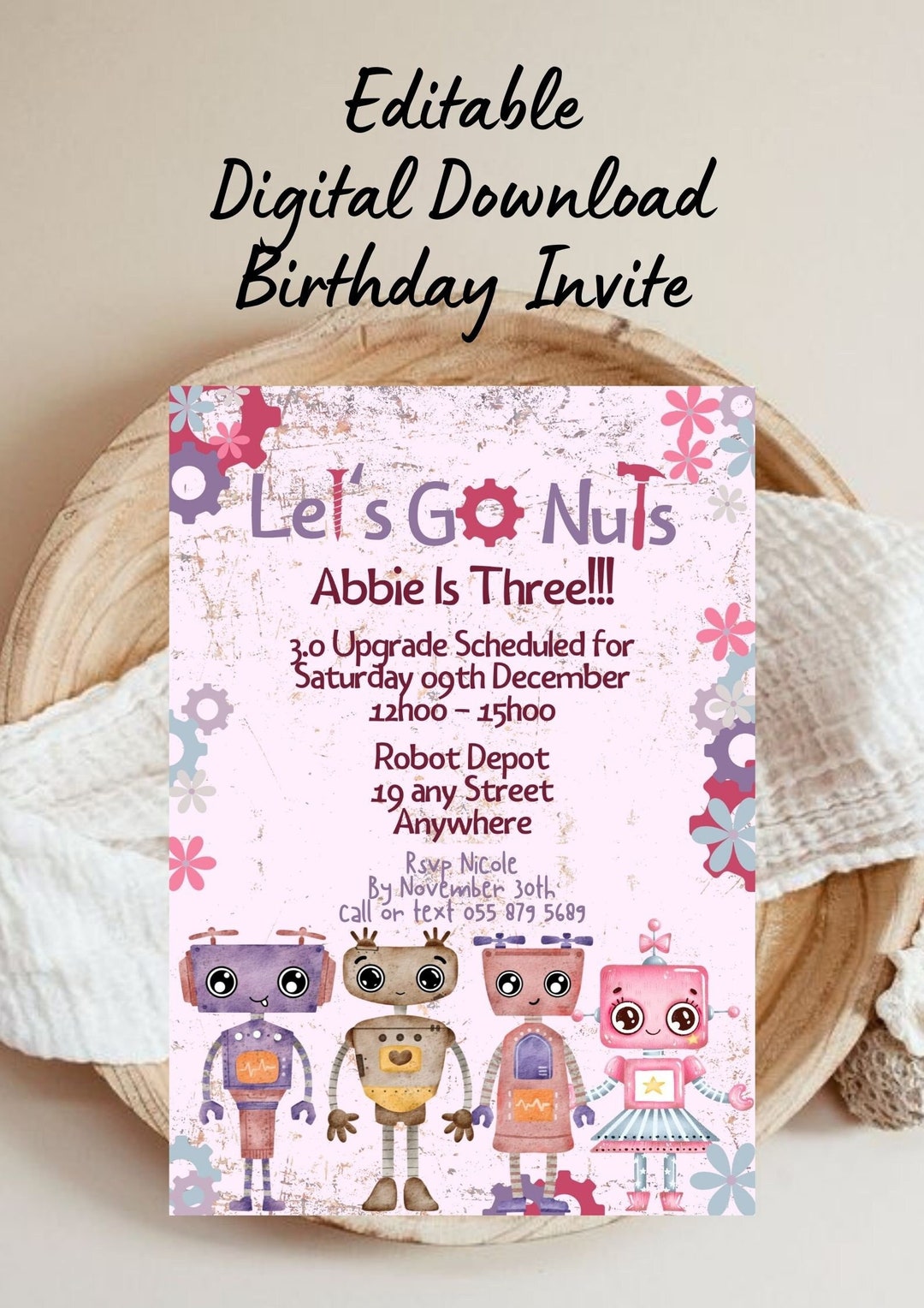 Robot Birthday Invitation, Editable Party Invite, Pink Robot Invitation ...