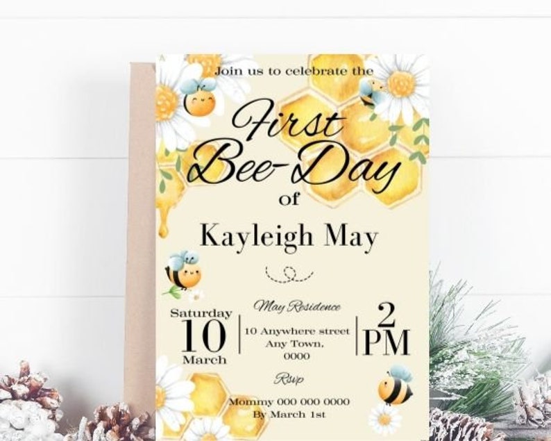 Bee Birthday Invitation, Editable Bee 1st Birthday Invite, 1st Bee Day ...