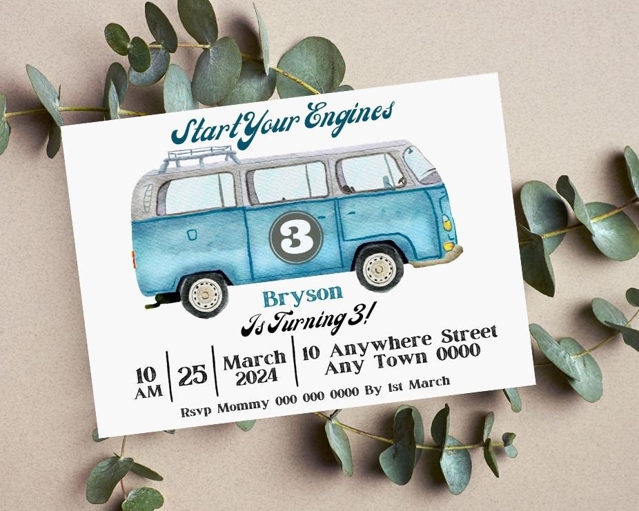 Blue VW Mini Van Birthday Party Invitation, Editable Car Boys Invite ...