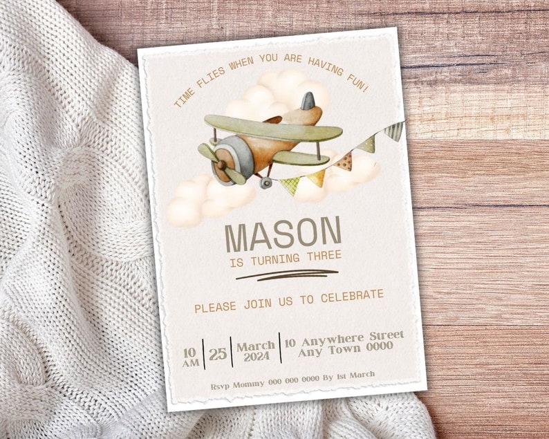 Time Flies Birthday Party Invitation, Editable Vintage Plane Neutral ...