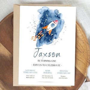 Watercolor Spaceship Theme Birthday Party Invitation, Editable Rocket ...