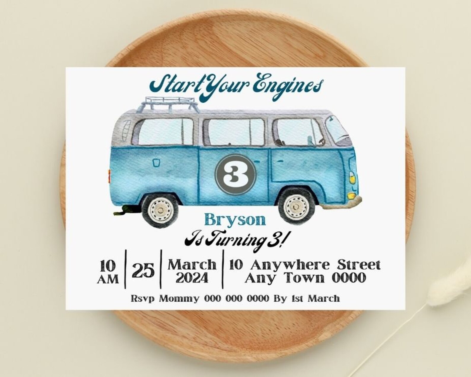Blue VW Mini Van Birthday Party Invitation, Editable Car Boys Invite ...