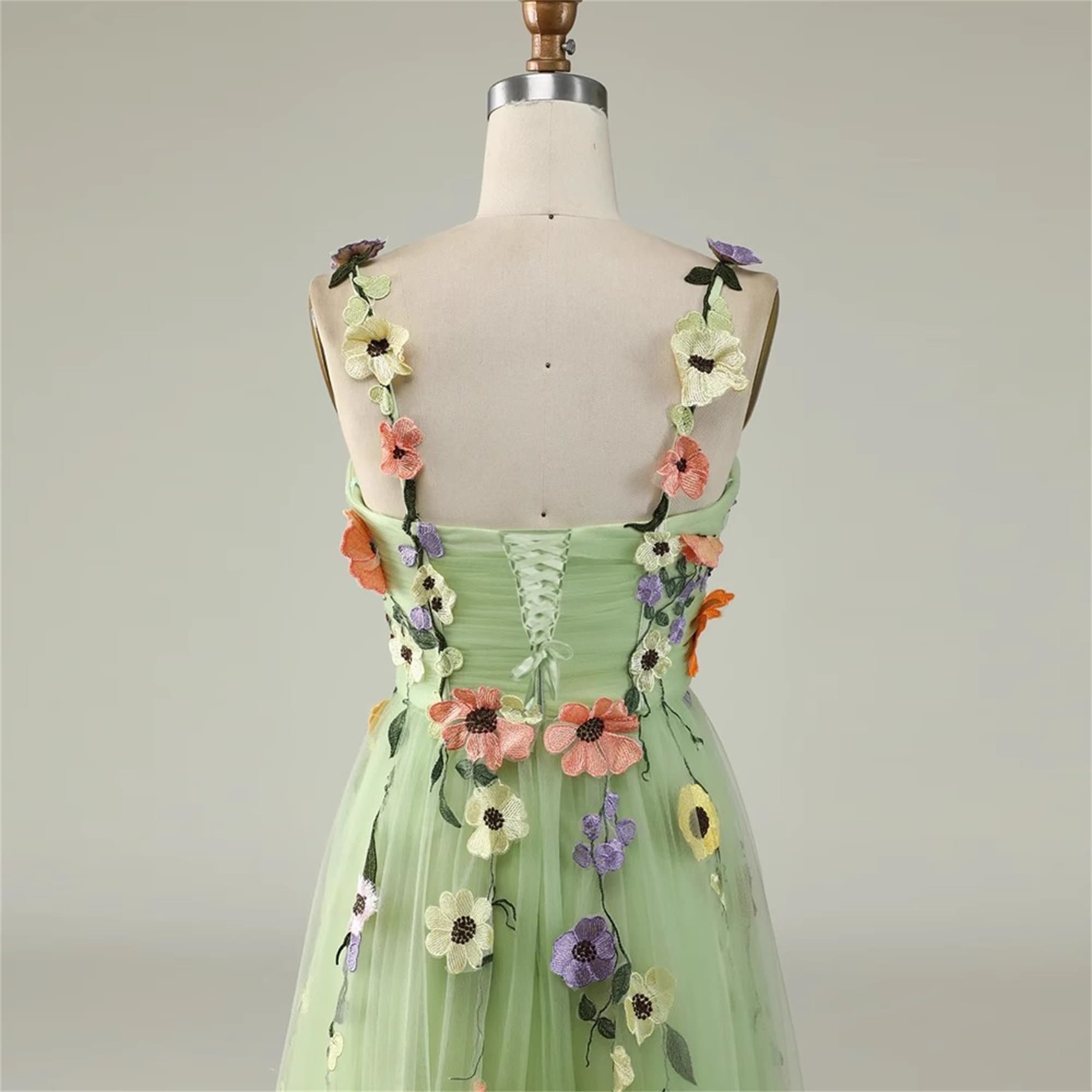 Green Tulle Prom Dress, Long Flower Prom Gown, Foral Bridal Gown, A ...