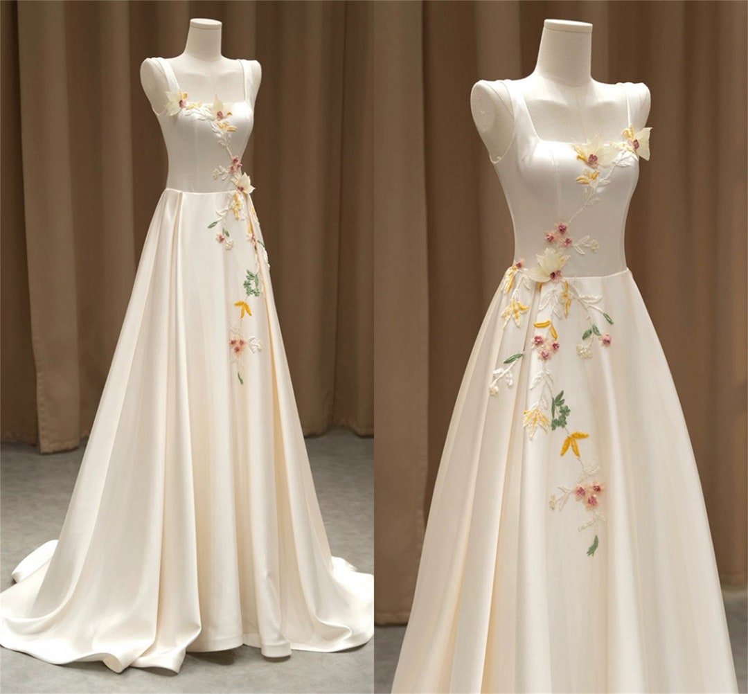 Ivory White Wedding Dress Satin Bridal Dress Floral - Etsy