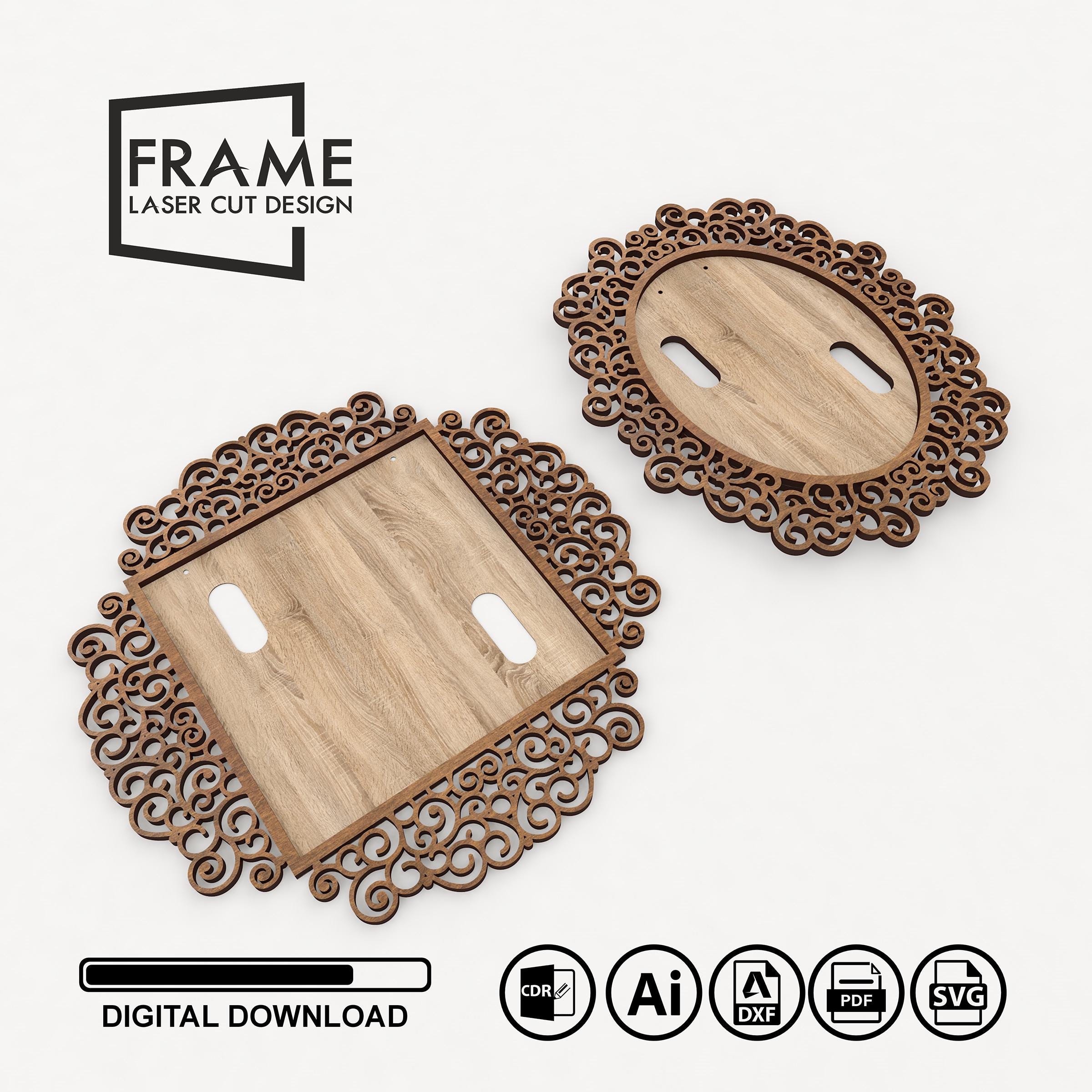 Patterned Photo Frame Laser Cutting File - Square and Oval 2 Types of ...