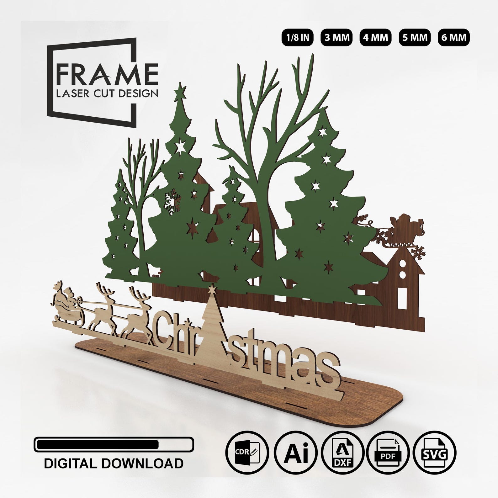 Christmas Scene Laser Cut Files - Trees, Santa Claus, Reindeer and ...