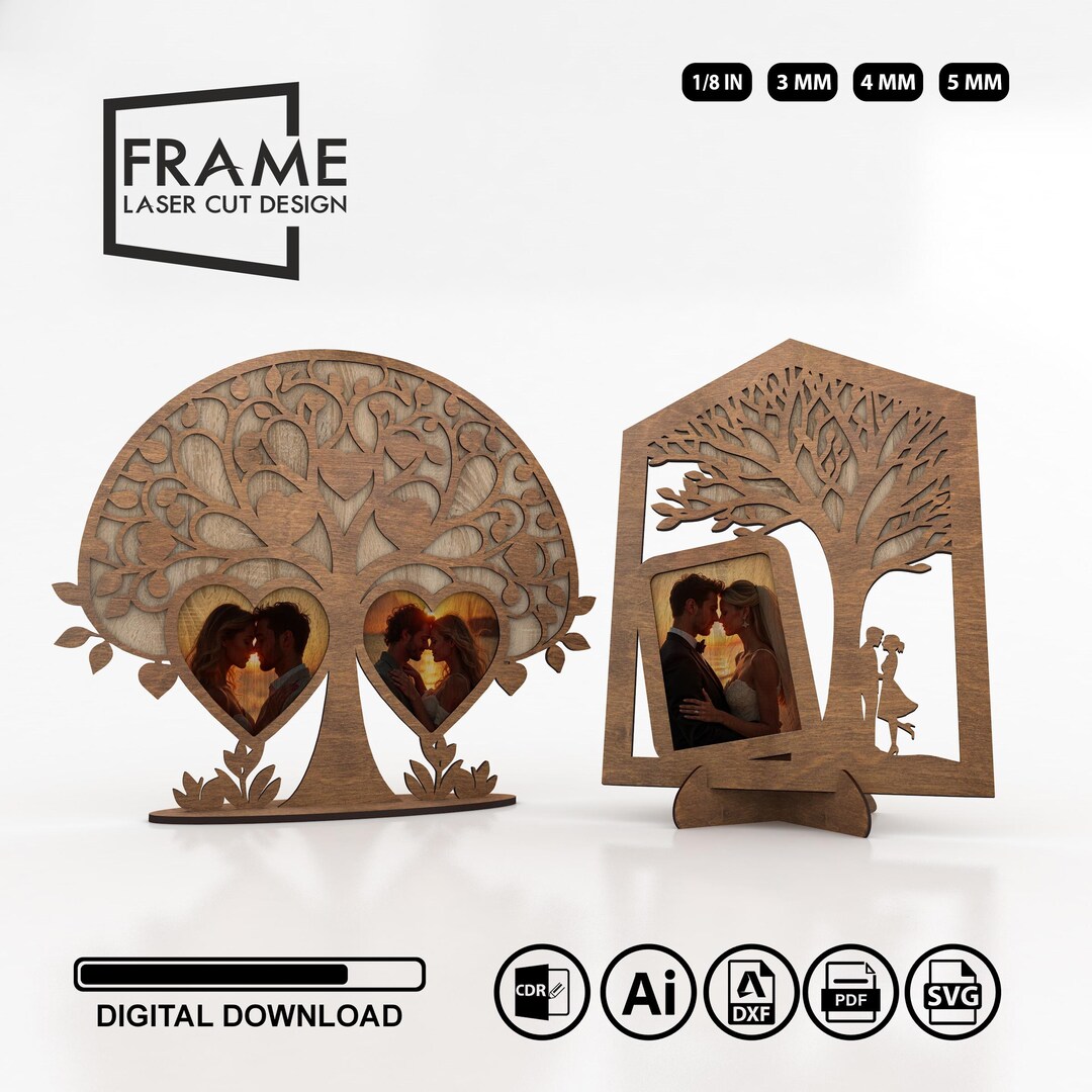 Love Tree & Romance Frame Laser Cut Files - Layered Wooden Photo Frame ...