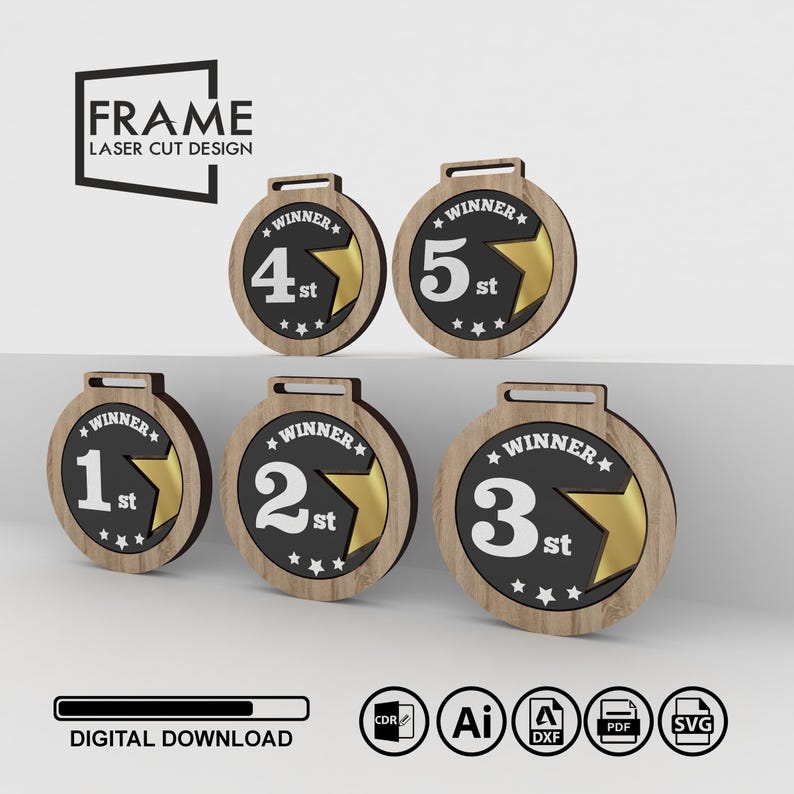 Wood and Acrylic Medal Design Laser Cut Files | Award Medal Svg File ...