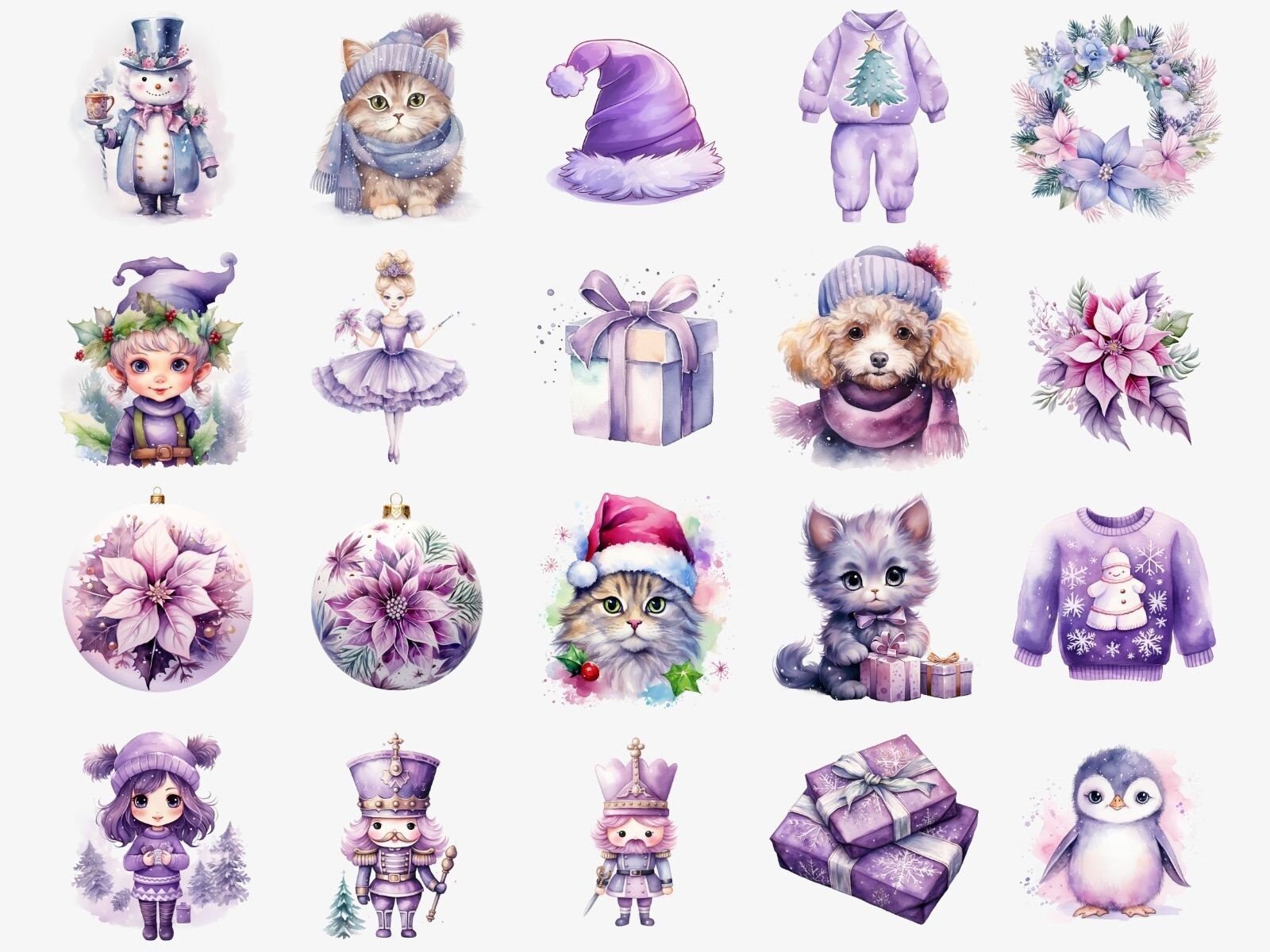 Set of 160 - Purple Christmas Clipart Bundle, Watercolor Purple Santa ...