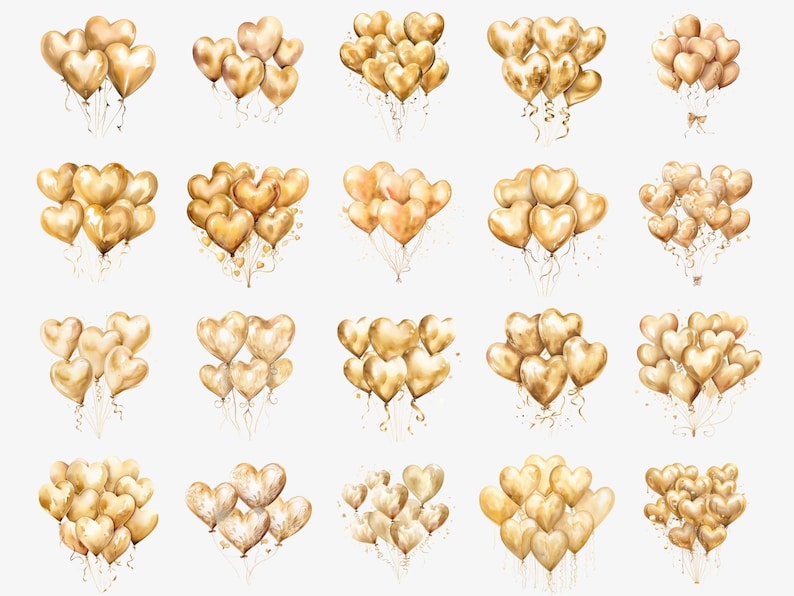 Gold Heart Balloon Clip Art Bundle, Set of 20, PNG, Transparent ...