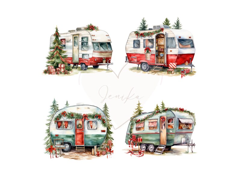 Set of 20 - Christmas RV Caravan Clipart Watercolor Christmas Campervan ...