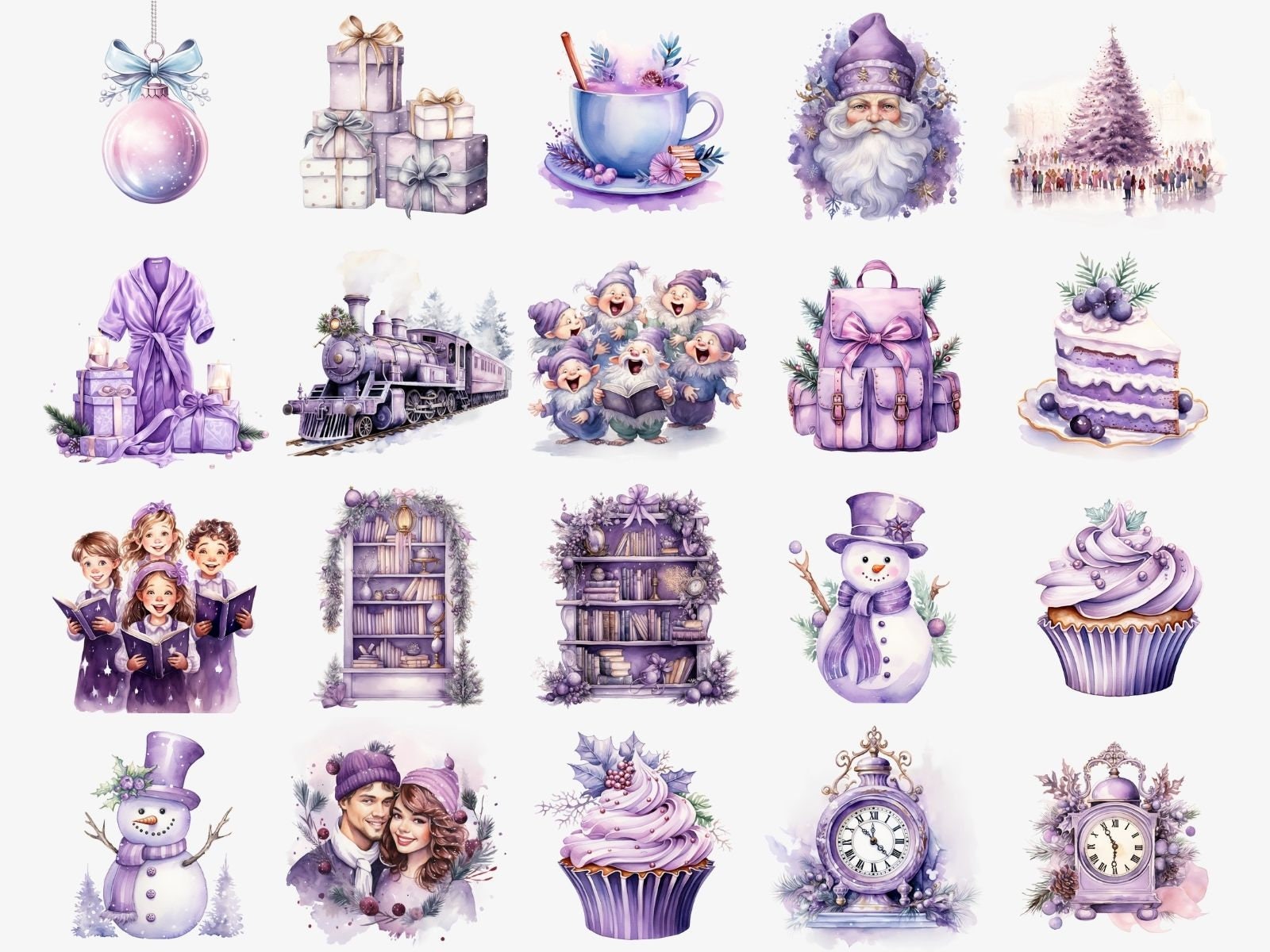 Set of 160 - Purple Christmas Clipart Bundle, Watercolor Purple Santa ...