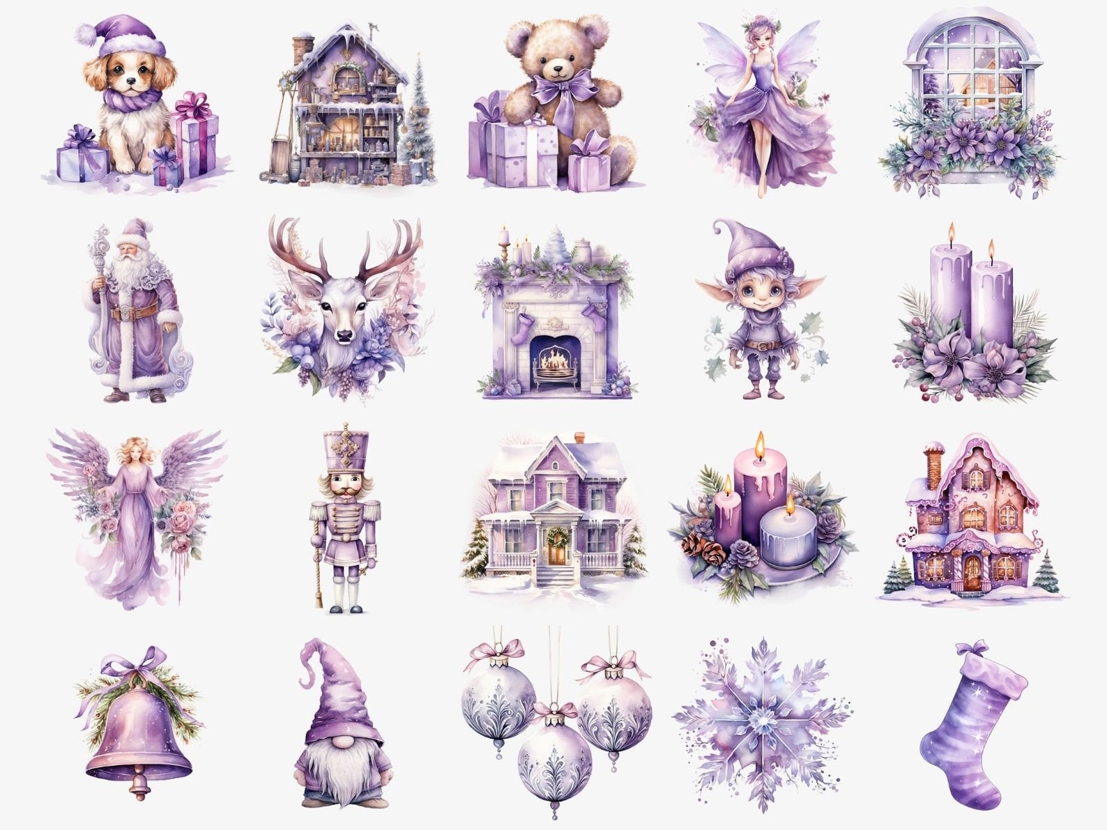 Set of 160 - Purple Christmas Clipart Bundle, Watercolor Purple Santa ...