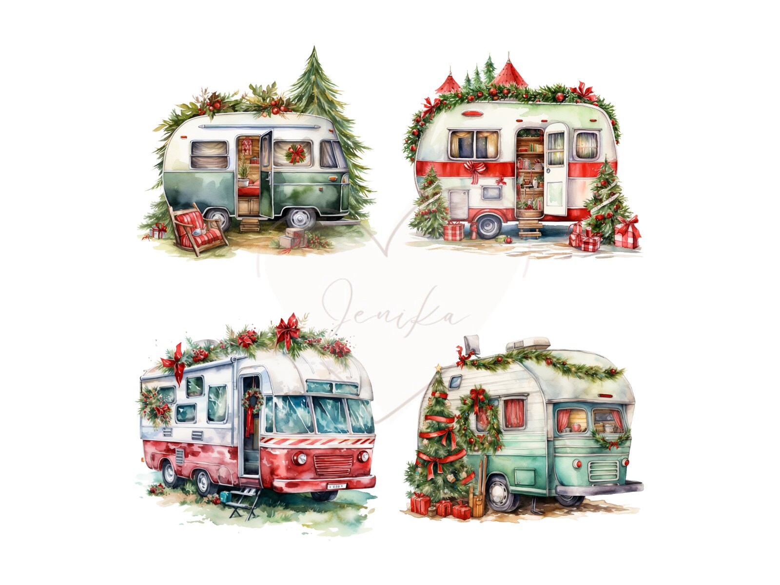 Set of 20 - Christmas RV Caravan Clipart Watercolor Christmas Campervan ...