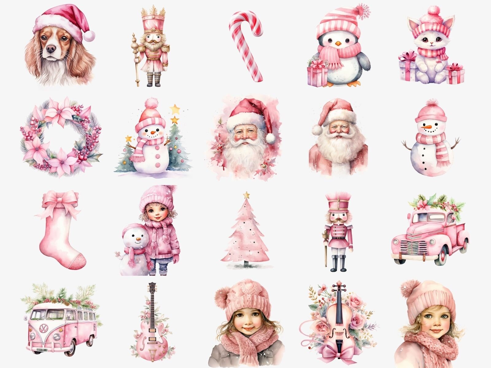Set of 200+ Pink Christmas Clipart PNG Cottagecore Watercolor Winter ...