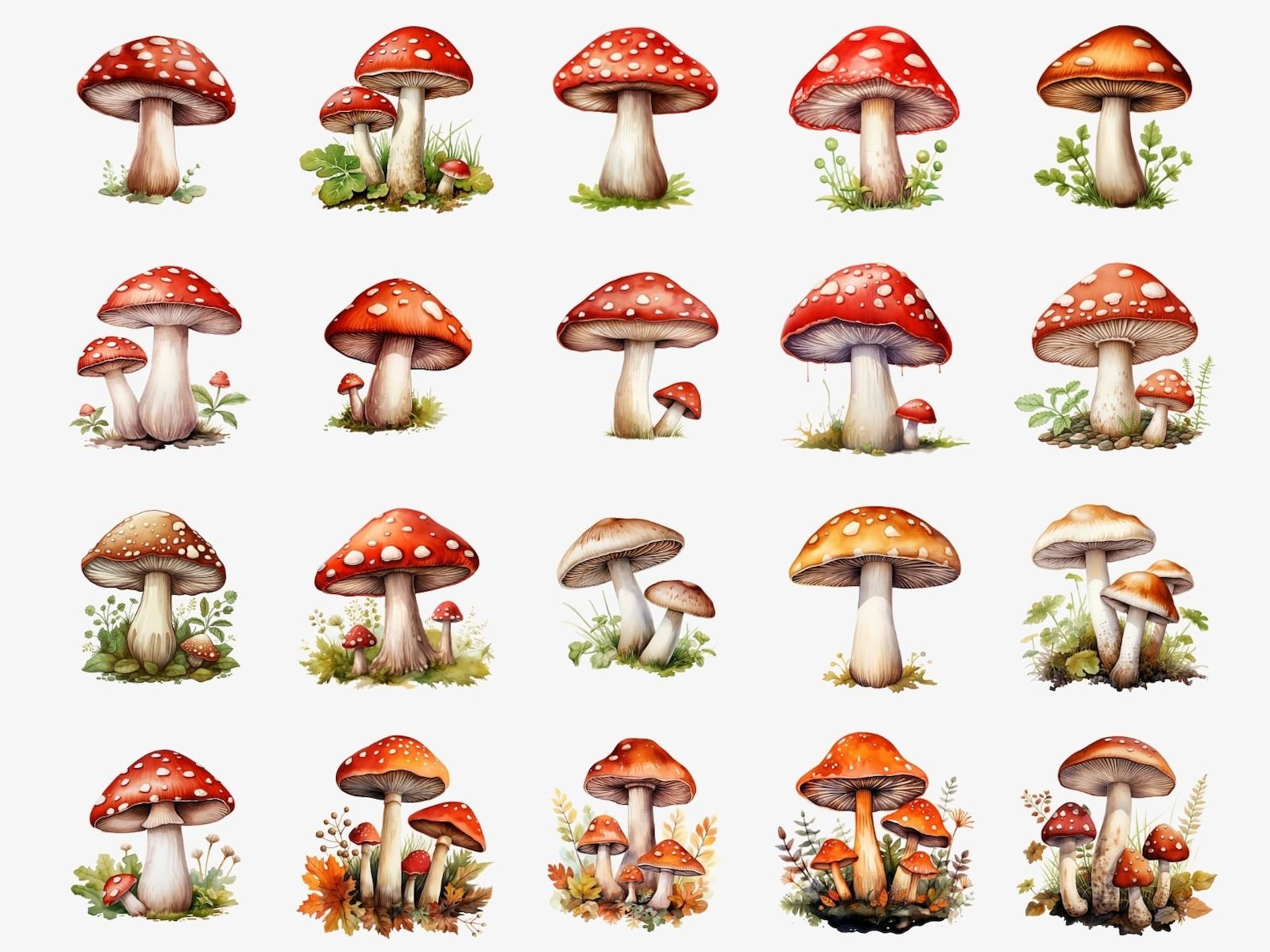 Set of 20 - Watercolor Mushroom Clipart Cute Forest Nature Toadstool ...