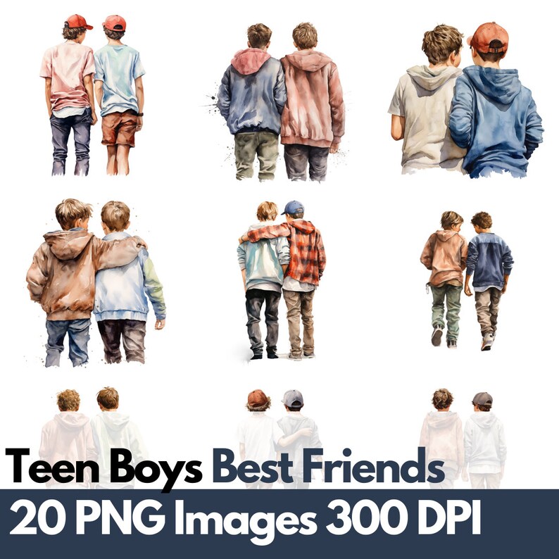 Set of 20 - Watercolor Best Friends Clipart Back View Teenage Boys ...