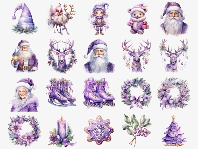 Set of 160 - Purple Christmas Clipart Bundle, Watercolor Purple Santa ...