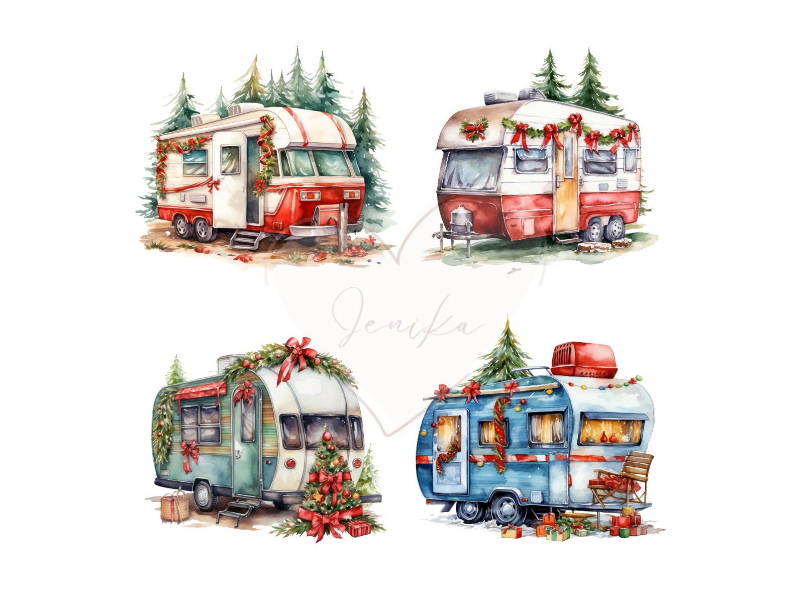 Set of 20 - Christmas RV Caravan Clipart Watercolor Christmas Campervan ...