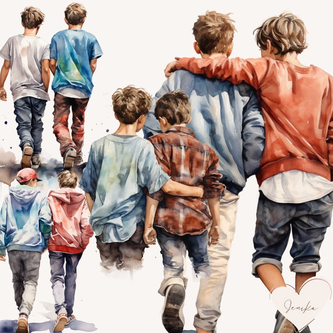 Set of 20 Watercolor Best Friends Clipart Back View Teenage Boys, Card ...