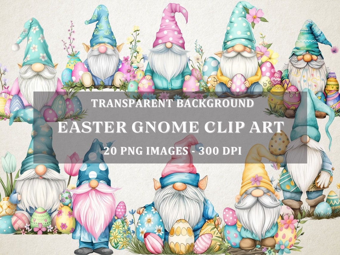Easter Gnome Clip Art Set of 20, Cute Spring Gnome Design, Transparent ...