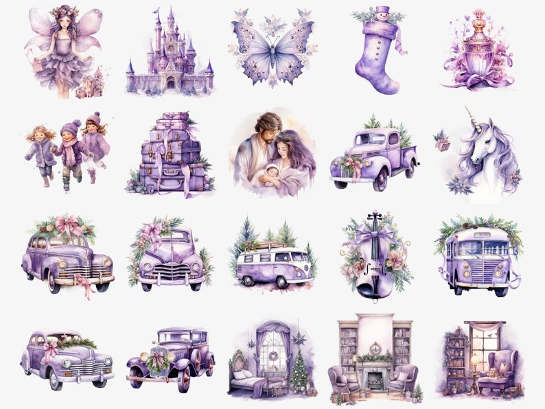 Set of 160 - Purple Christmas Clipart Bundle, Watercolor Purple Santa ...