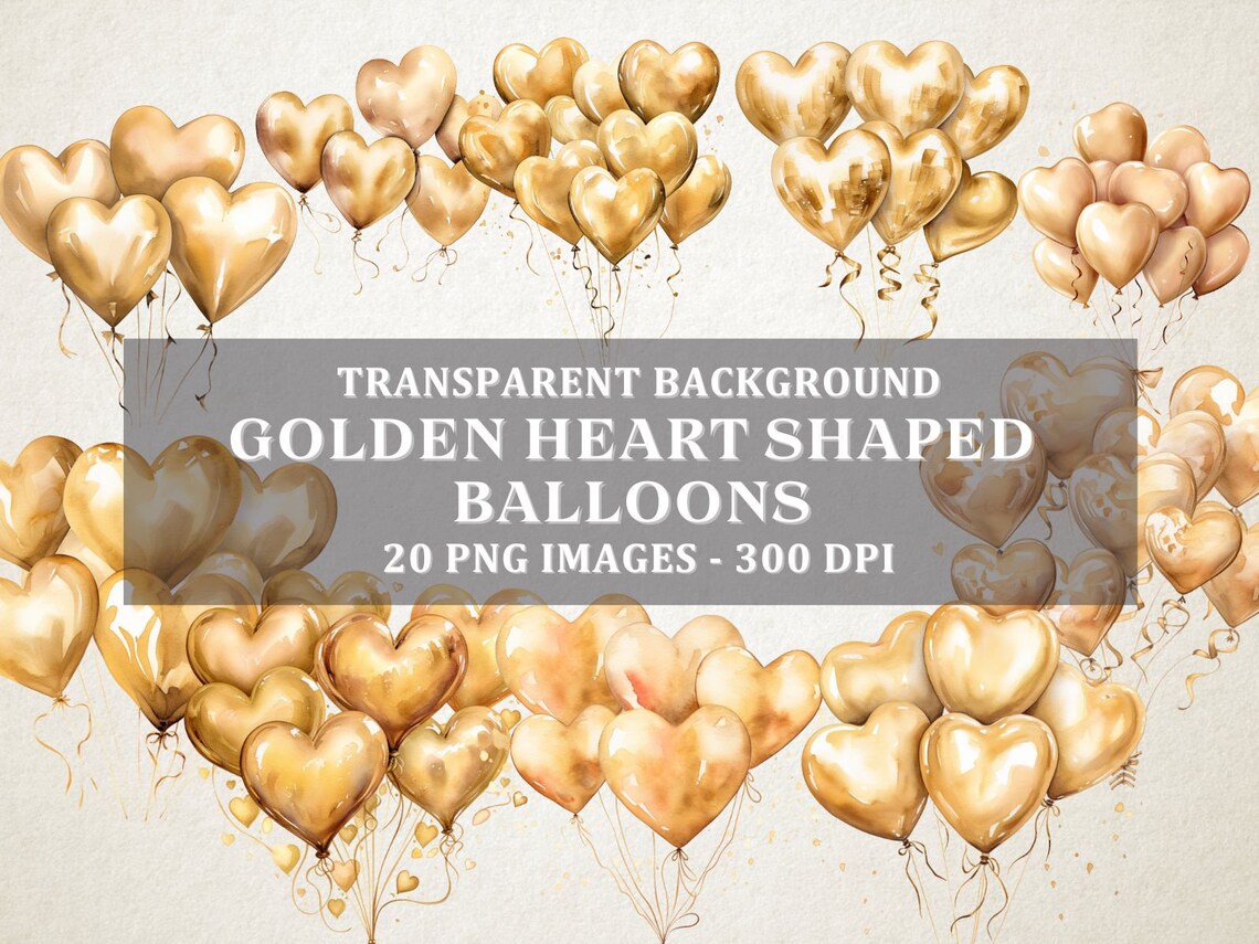 Gold Heart Balloon Clip Art Bundle, Set of 20, PNG, Transparent ...