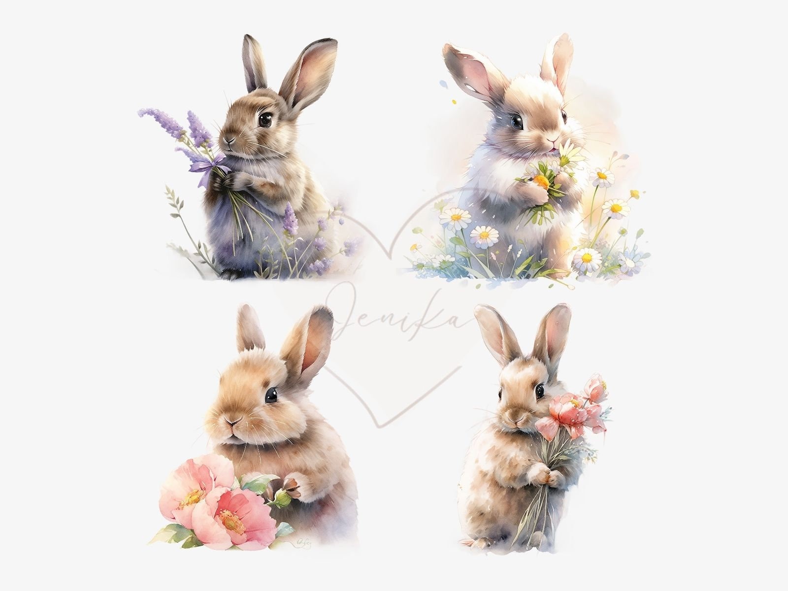 Watercolor Bunny Clip Art Set, Cute Rabbit With Flowers, 20 PNG Images ...
