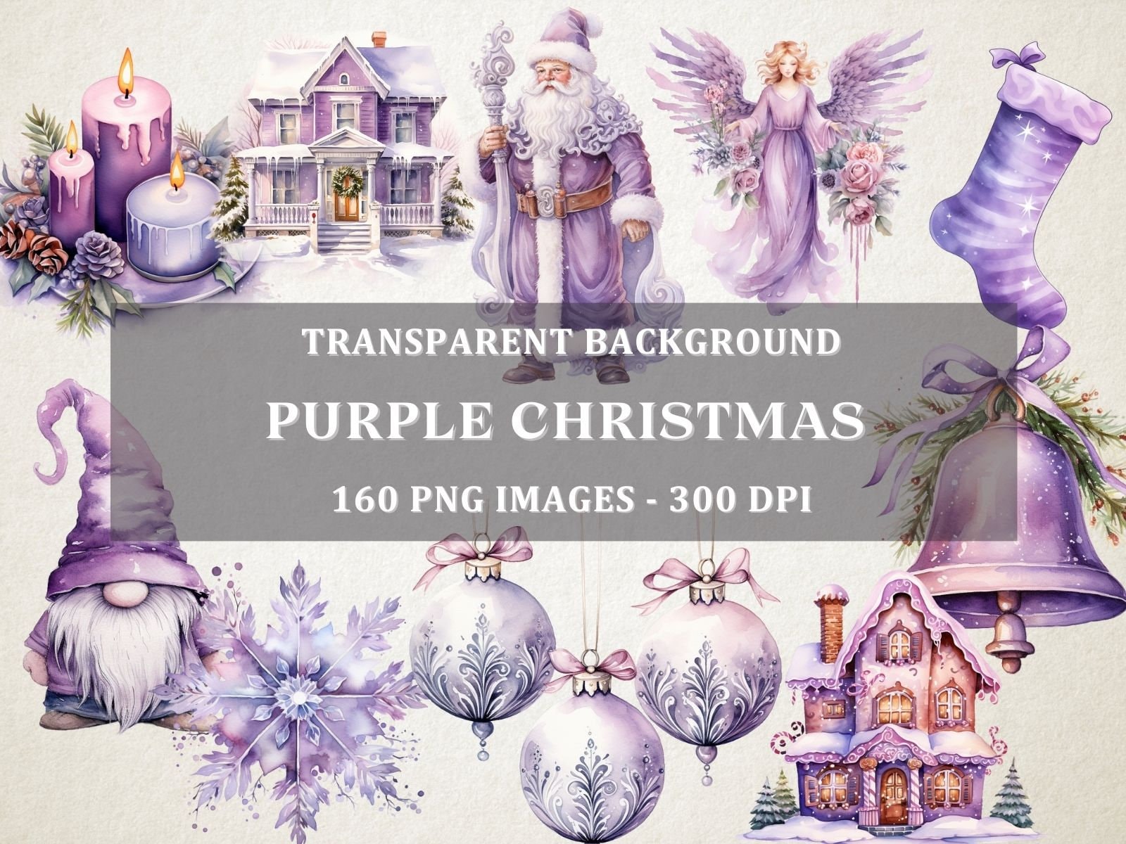 Set of 160 - Purple Christmas Clipart Bundle, Watercolor Purple Santa ...