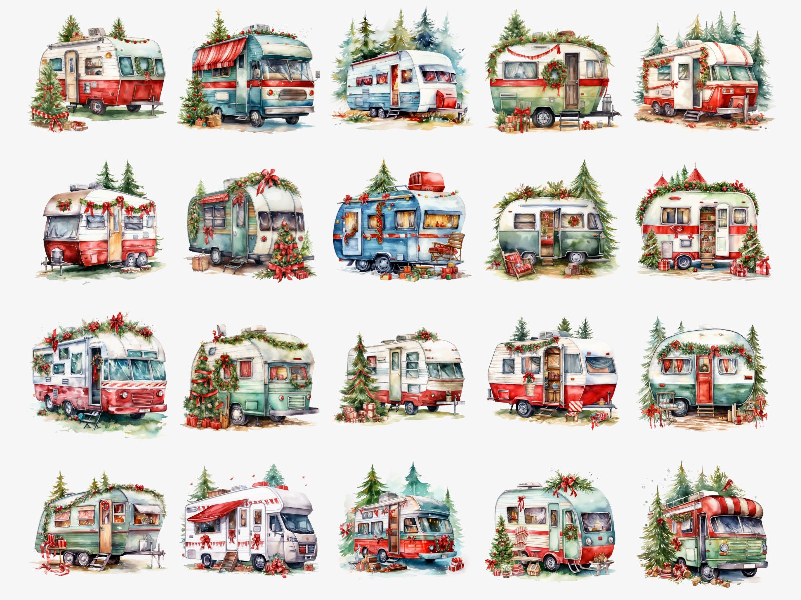 Set of 20 - Christmas RV Caravan Clipart Watercolor Christmas Campervan ...