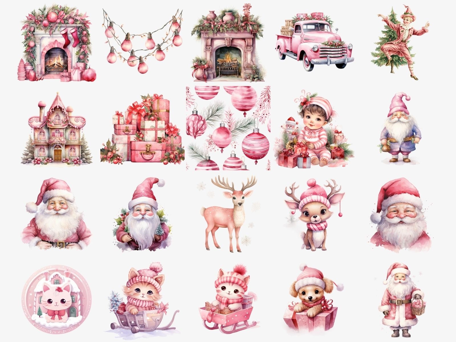 Set of 200+ Pink Christmas Clipart PNG Cottagecore Watercolor Winter ...