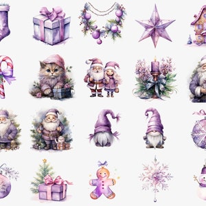 Set of 160 - Purple Christmas Clipart Bundle, Watercolor Purple Santa ...