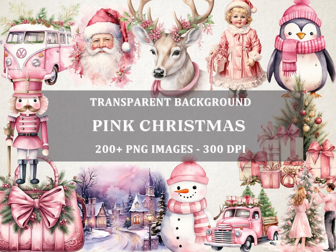Set of 200+ Pink Christmas Clipart PNG Cottagecore Watercolor Winter ...