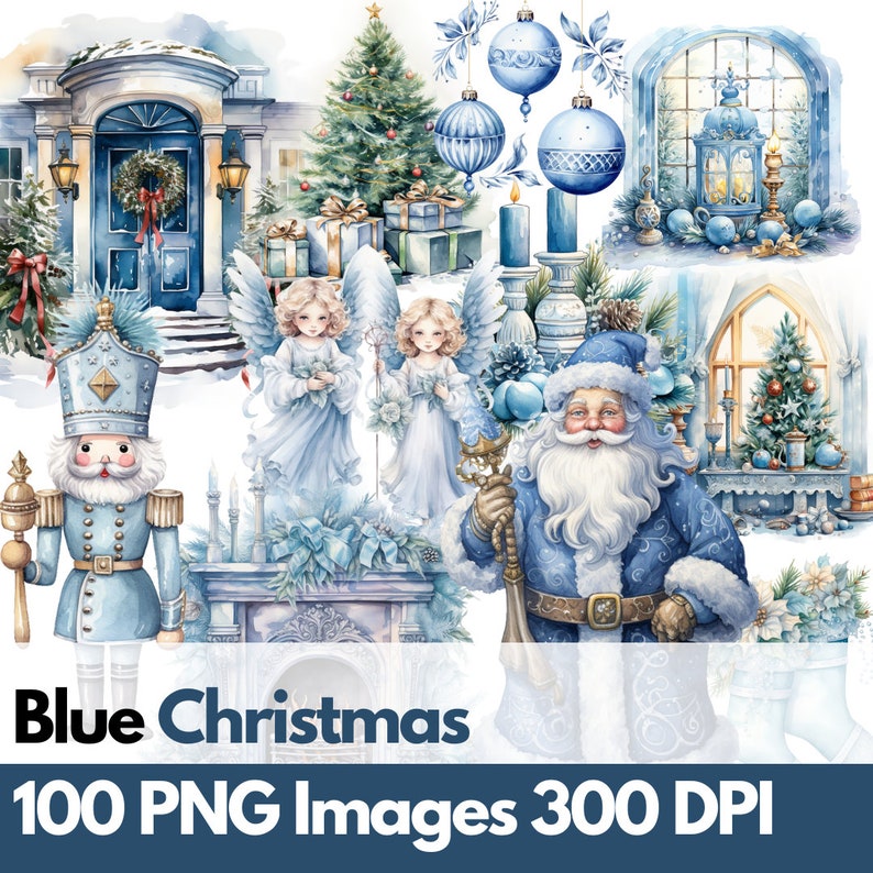 Blue Christmas Clipart Set - 100 Festive PNG Images for Holiday Crafts ...
