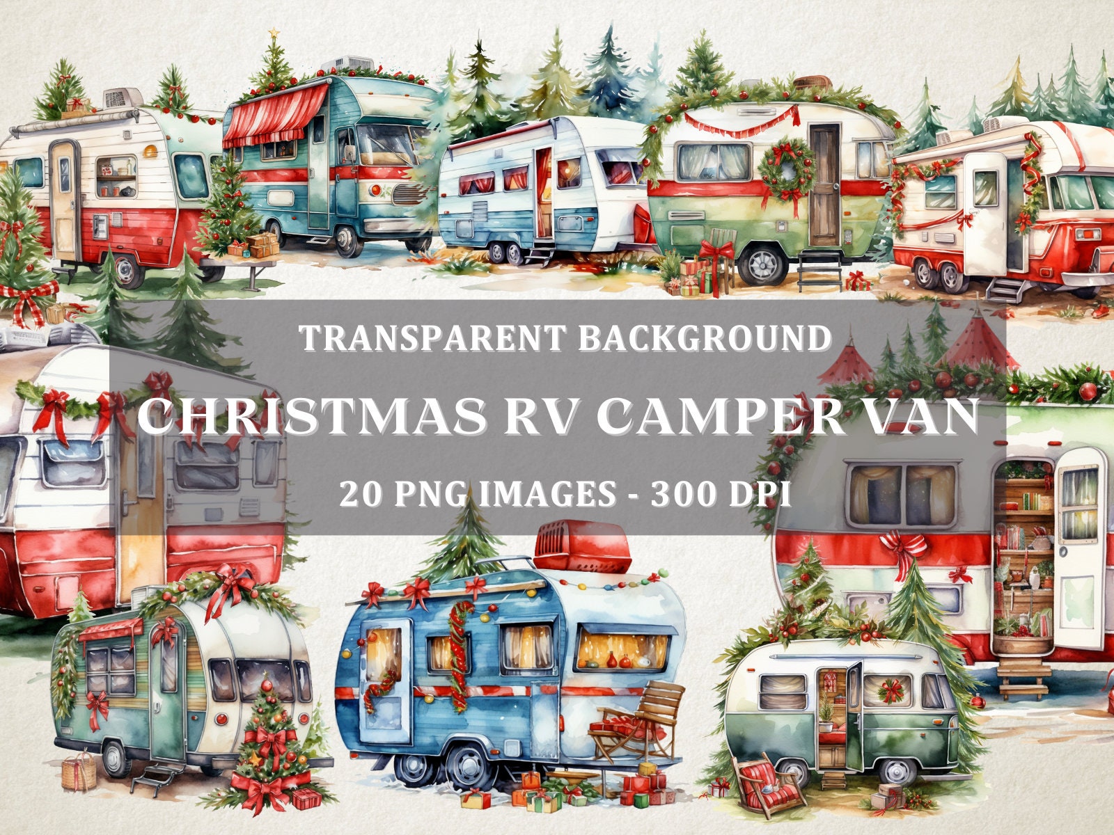 Set of 20 - Christmas RV Caravan Clipart Watercolor Christmas Campervan ...