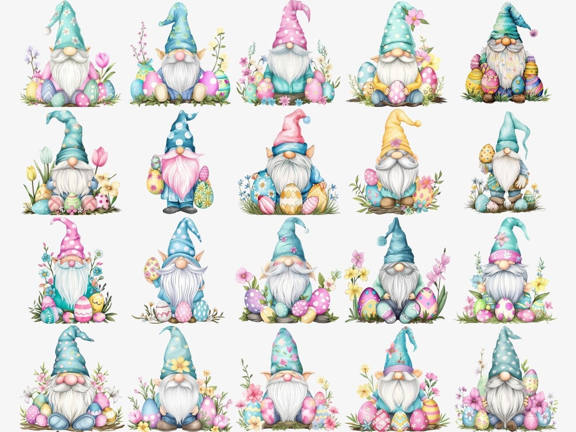 Easter Gnome Clip Art Set of 20, Cute Spring Gnome Design, Transparent ...