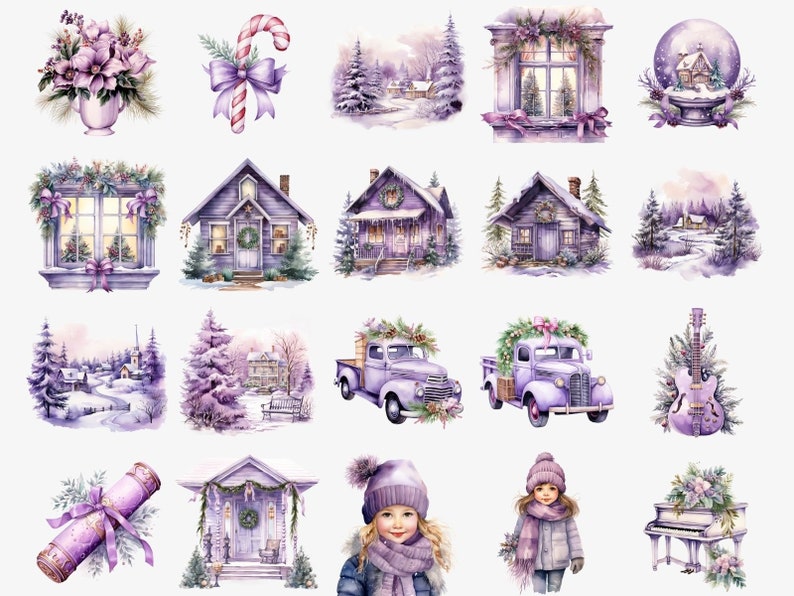 Set of 160 - Purple Christmas Clipart Bundle, Watercolor Purple Santa ...