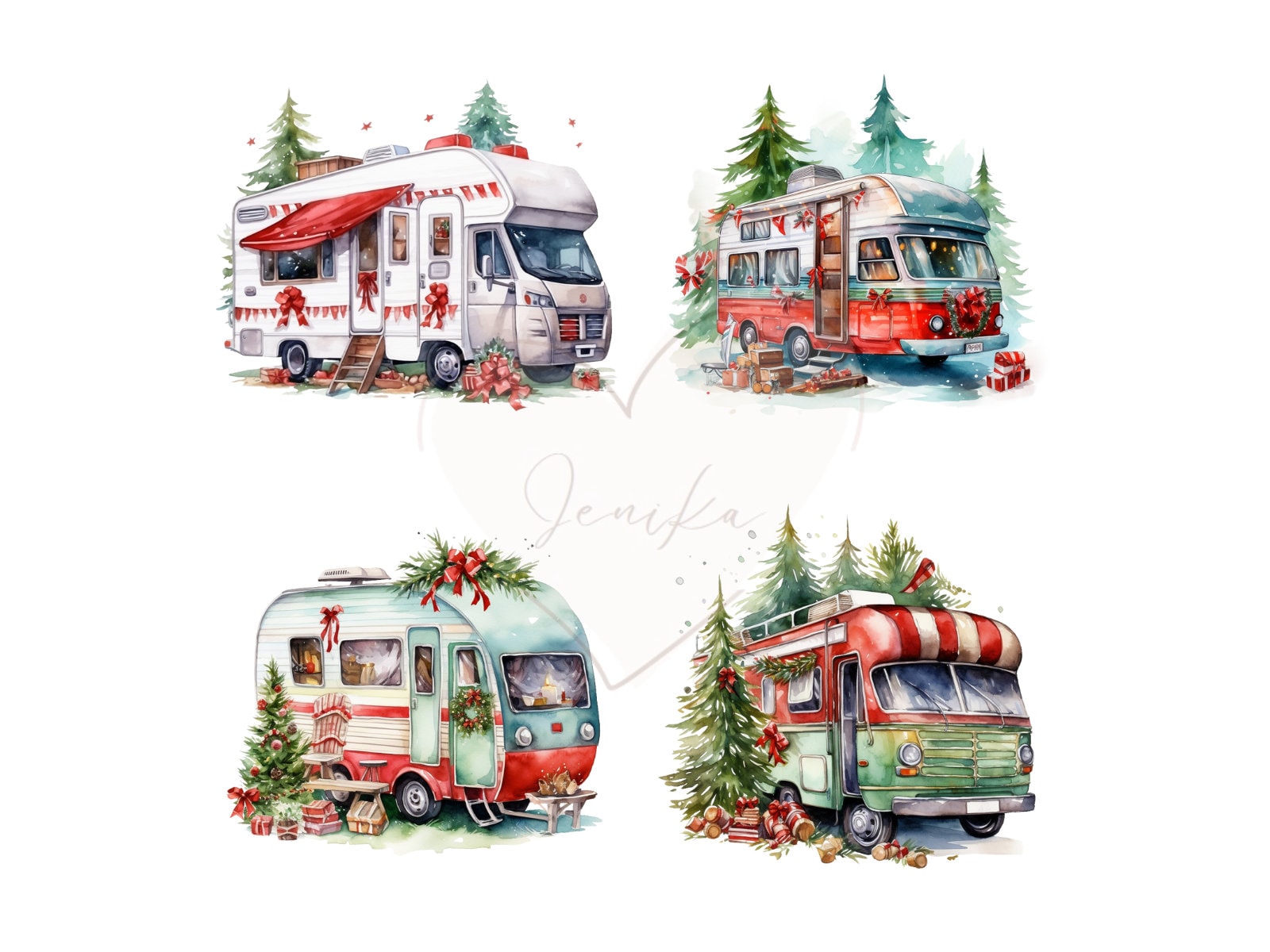 Set of 20 - Christmas RV Caravan Clipart Watercolor Christmas Campervan ...