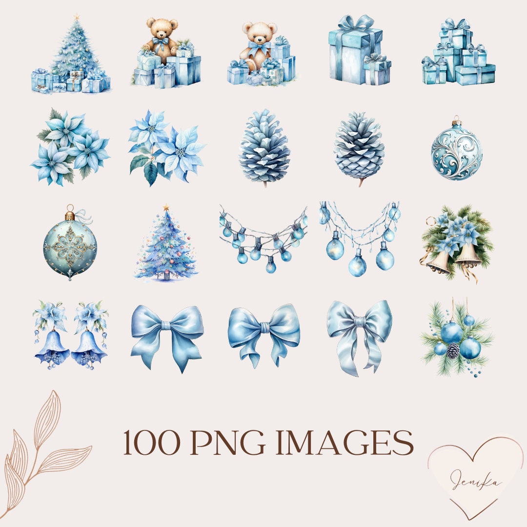 Blue Christmas Clipart Set - 100 Festive PNG Images for Holiday Crafts ...