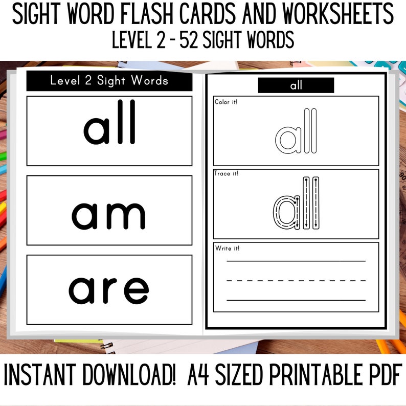 Level 2 Sight Word Flash Cards and Worksheets 52 Words - Etsy Australia