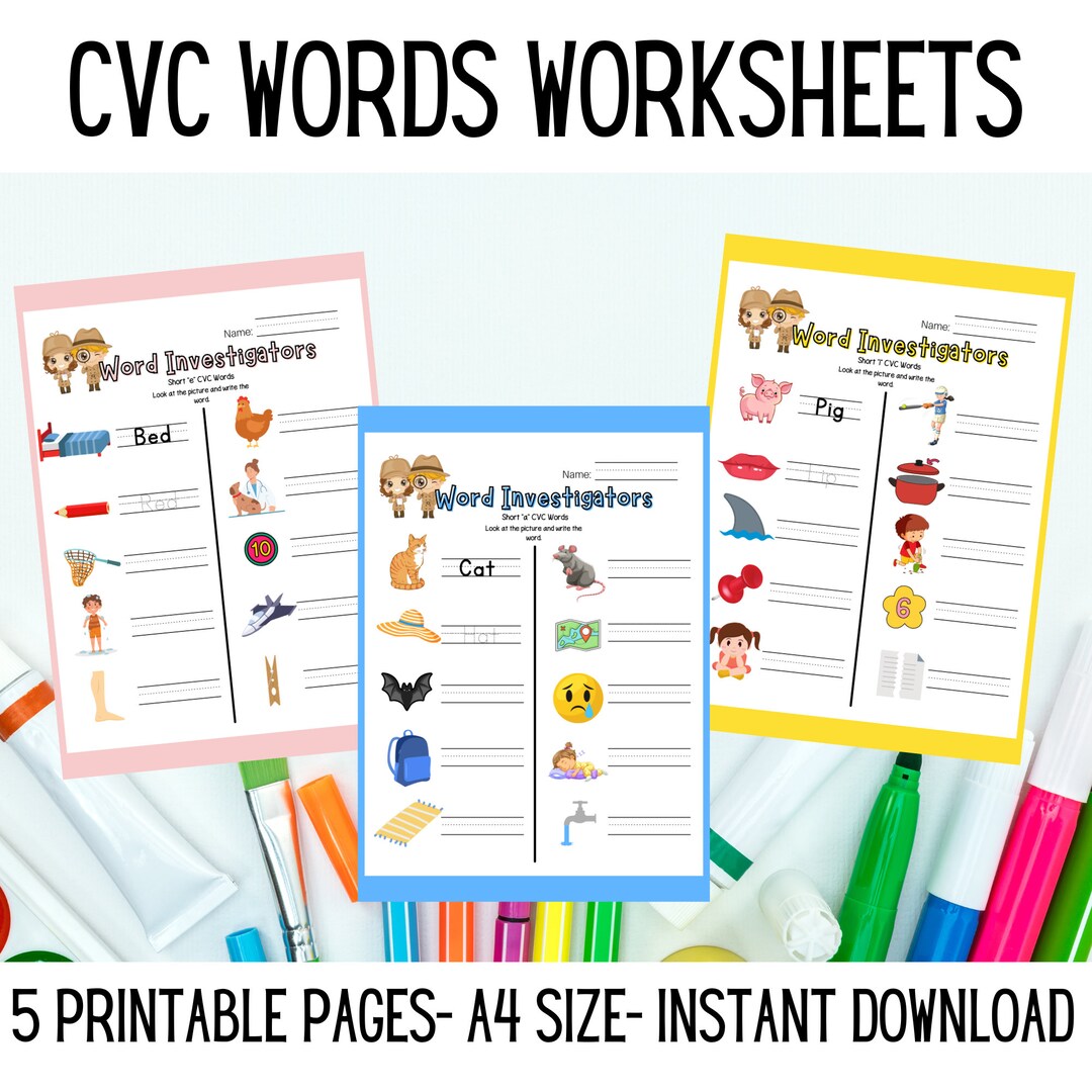 5 Printable CVC Words Worksheets Instant Download Letters and Sounds ...