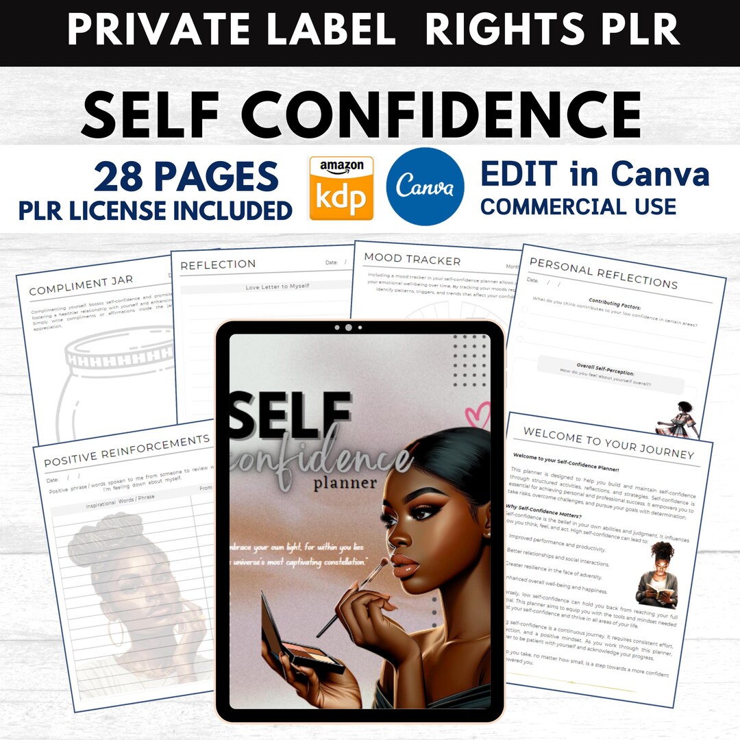 PLR MRR Self Confidence Journal for Black Girl, Resell Rights Canva Editable Template for KDP ...