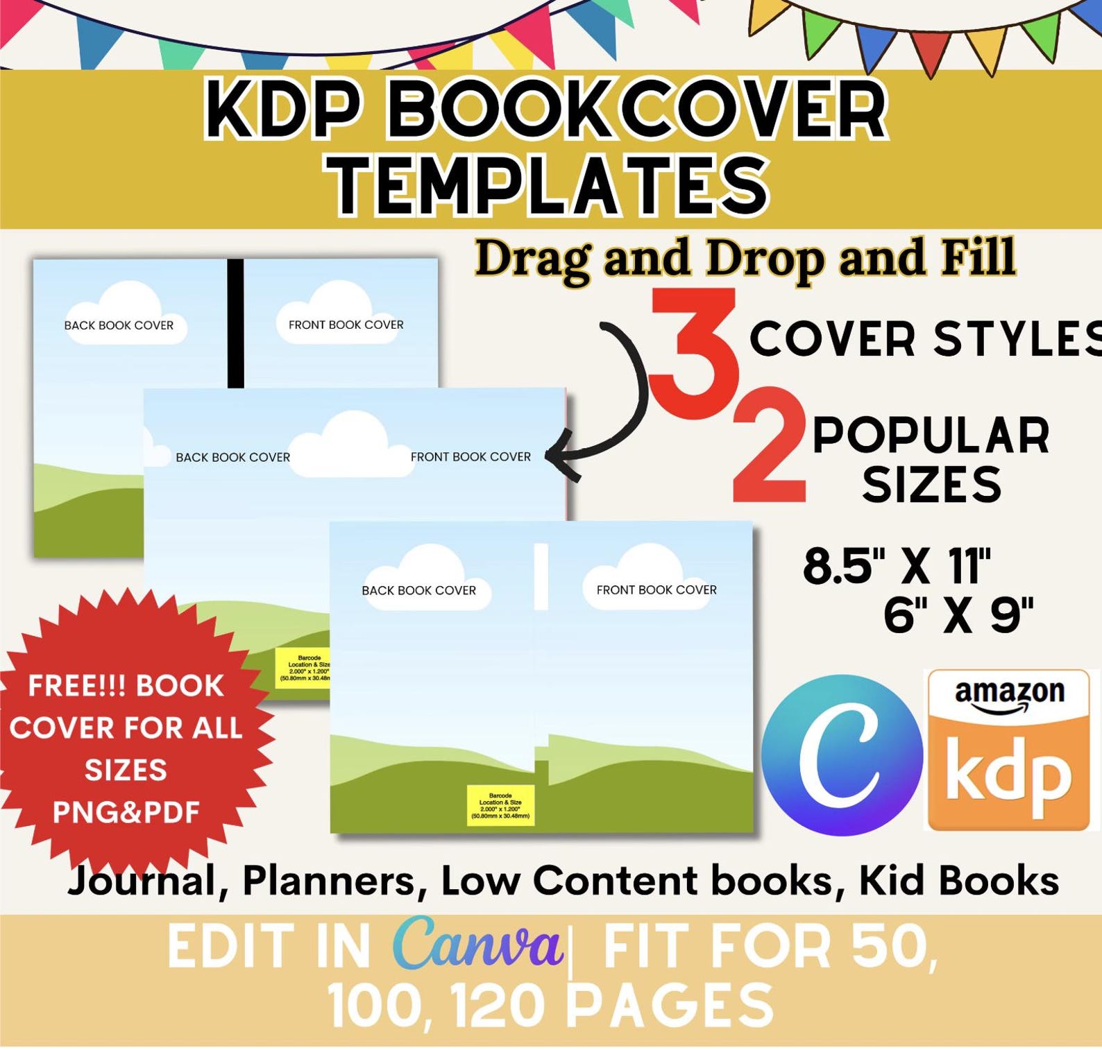 KDP Journal Cover Canva Template 8.5x11 and 6x9 Bundle Paperback Covers ...